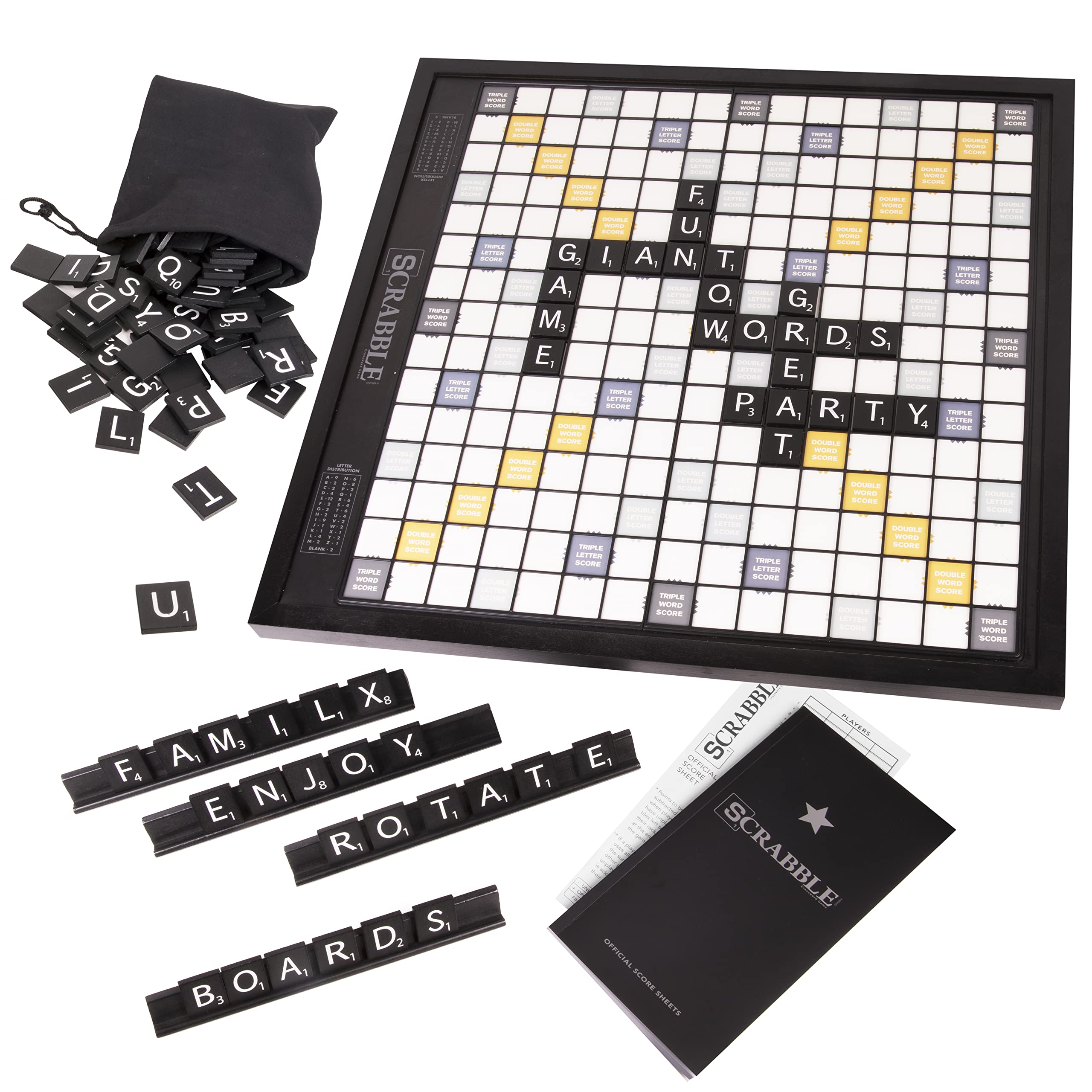 Scrabble Deluxe Black Edition Board Game with Rotating Wooden Deluxe Turntable High End Scrabble Board Game - Scrabble Game Rotating Board Adults - Deluxe Edition Large Tiles Luxury