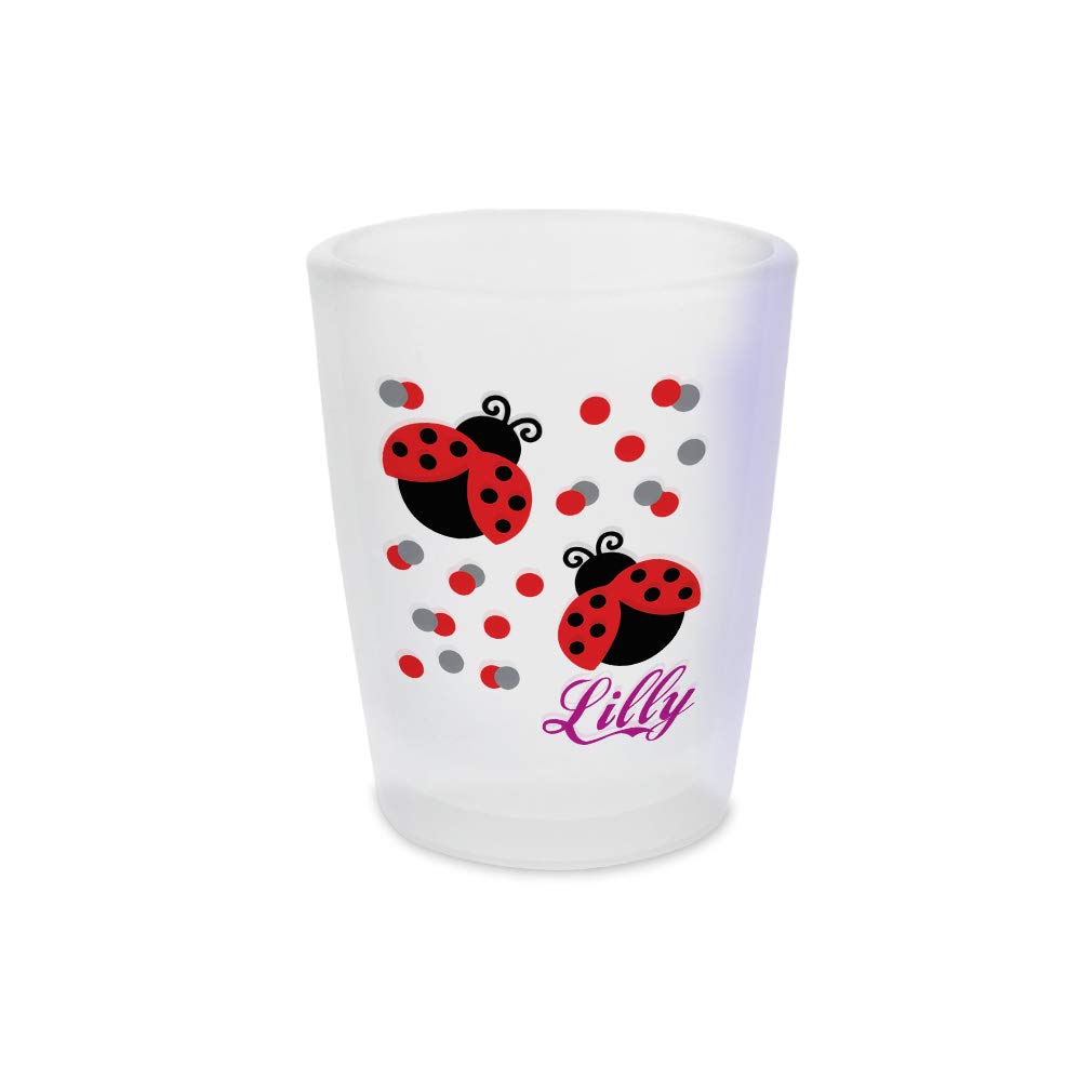 Personalized Custom Text Two Cute Ladybugs Ceramic Shot Glass Cup