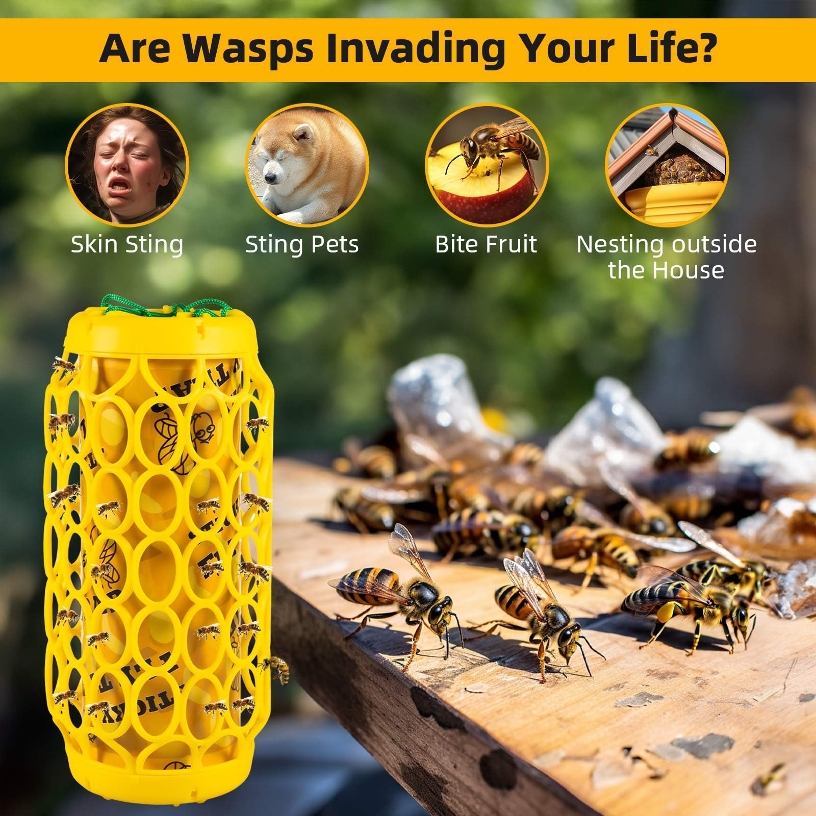Wasp Trap,Carpenter Bee Trap,Wasp Traps Outdoor Hanging,Yellow Jacket Trap Wasp Killer Catcher,Reusable Wasp Deterrent Outdoor with 4 Sticky Bug Board Bee Catcher Wasp Repellent Flying Insect Trap