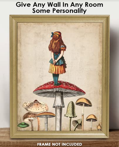 Whimsical Alice Atop Mushrooms Wall Art Print - 11x14 Unframed Picture For Home, Office, Classroom, Dorm, Living Room & Bedroom Decor - Creative Gift Idea For Alice Fans