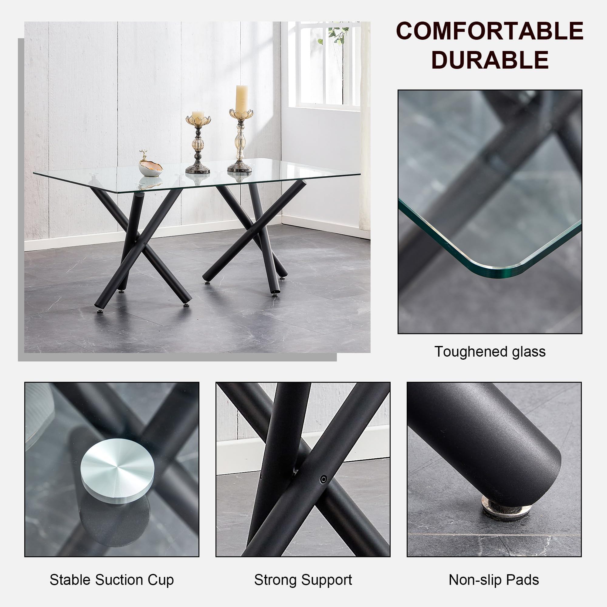 JBFF 71" Large 6-8, Modern 0.39" Tempered Glass Top Black Metal Pedestal Base, Easy Assemble, Mid-Century Rectangle Dinner Table for Dining Living Room, Kitchen