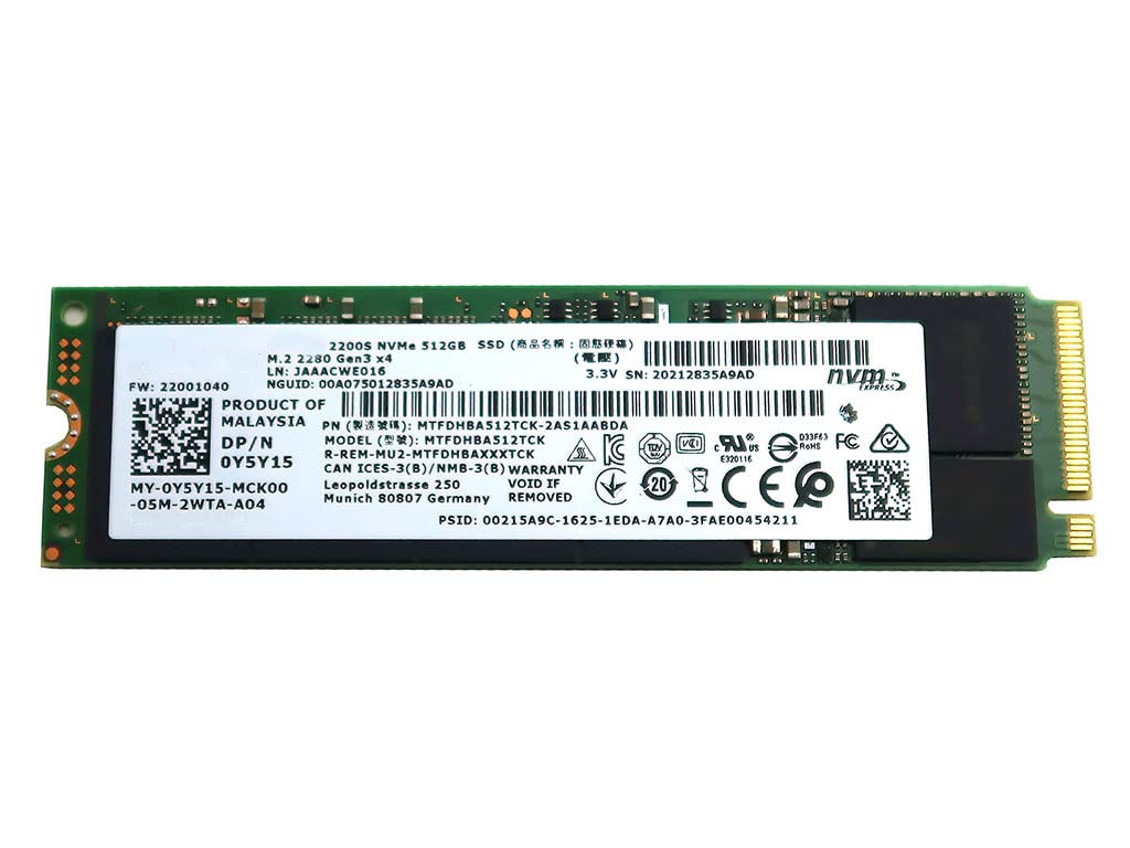 Solid State Drive Y5Y15 0Y5Y15 MY-0Y5Y15 Compatible Replacement Spare Part for Micron 2200S MTFDHBA512TCK 512GB TLC M.2 2280 NVMe PCI-Express Gen3 x4 SSD