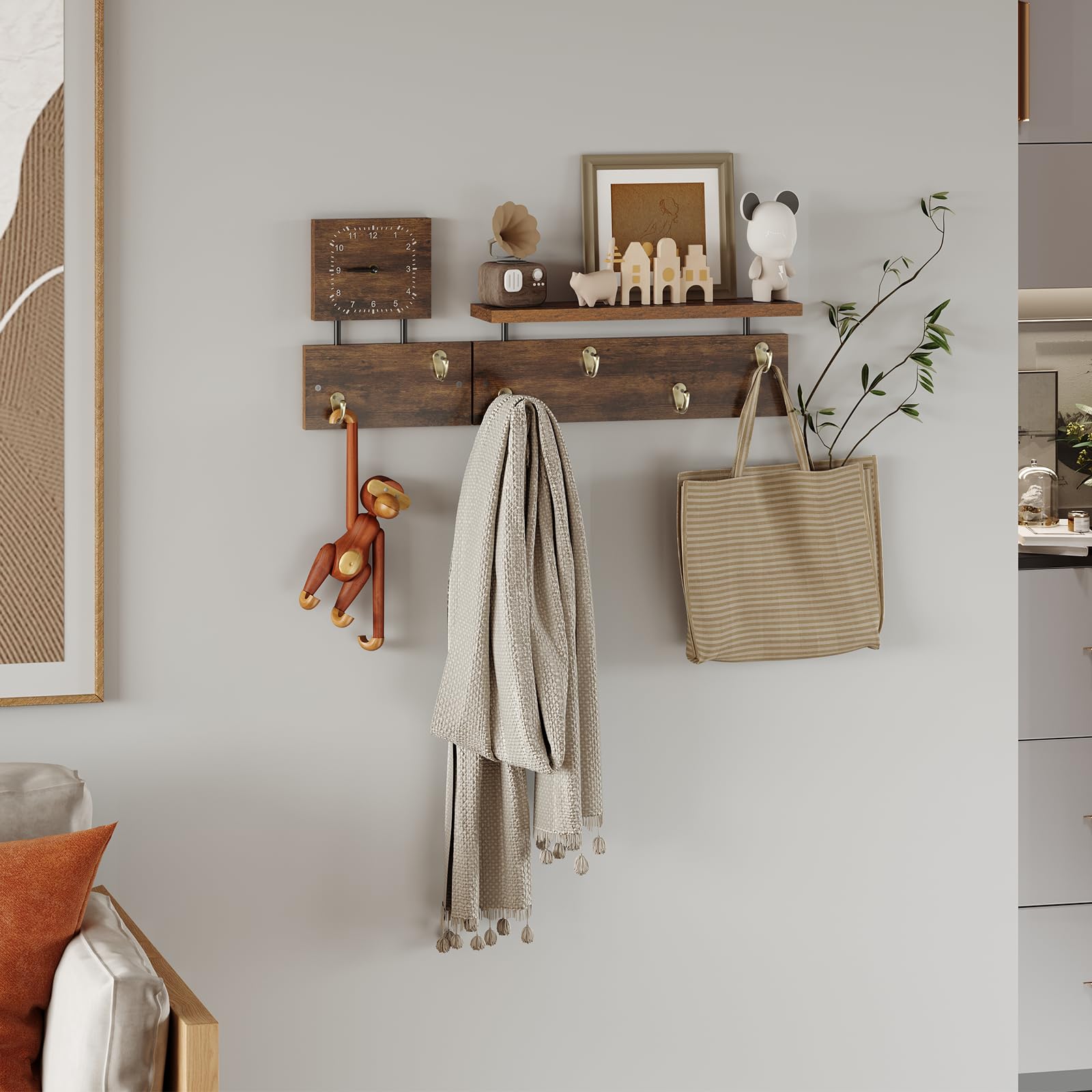 X-cosrack Coat Rack Wall Mount, Wooden Wall Mounted Storage Rack with Clock and 6 Hooks,Hanging Coat Rack with Shelf for Entryway, Bathroom, Living Room, Bedroom