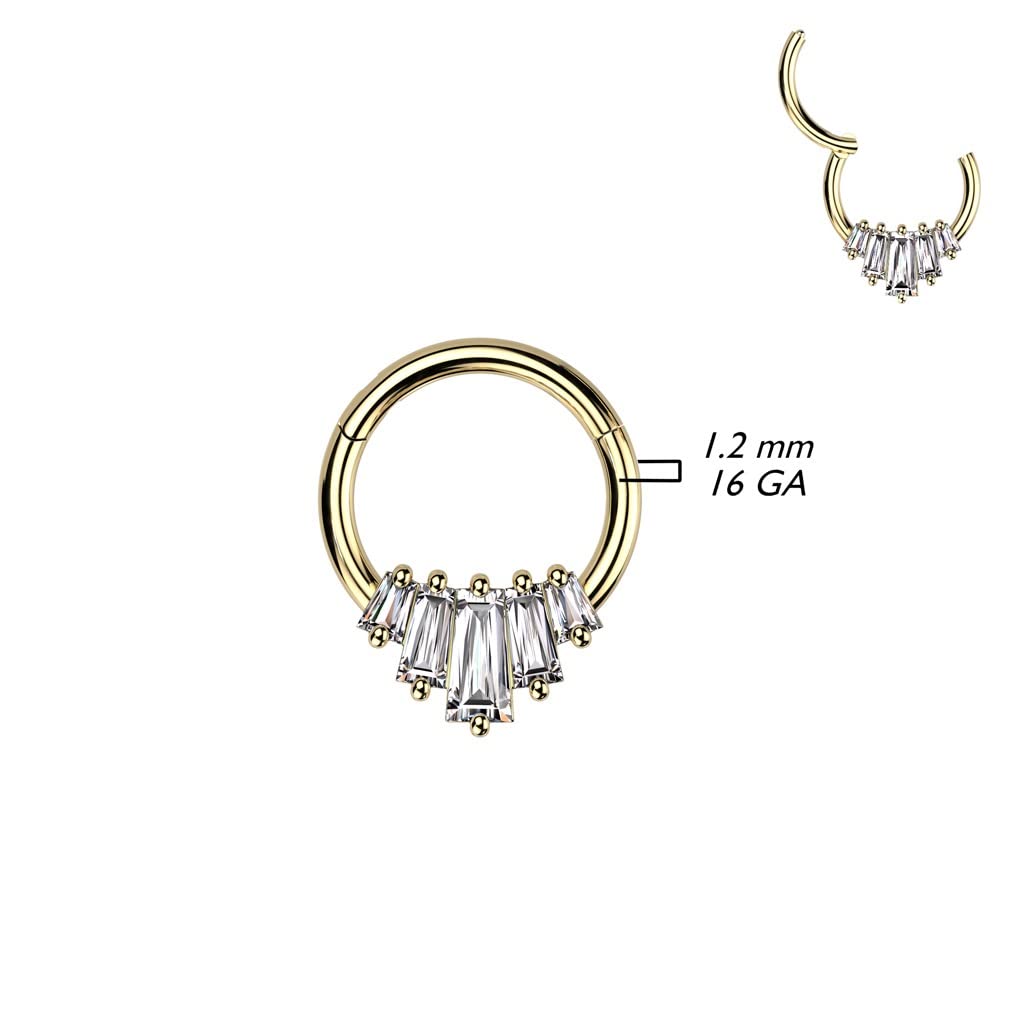 Pierced Owl 16GA 316L Stainless Steel 5 CZ Crystal Baguette Fan Hinged Segment Ring (Gold Tone)