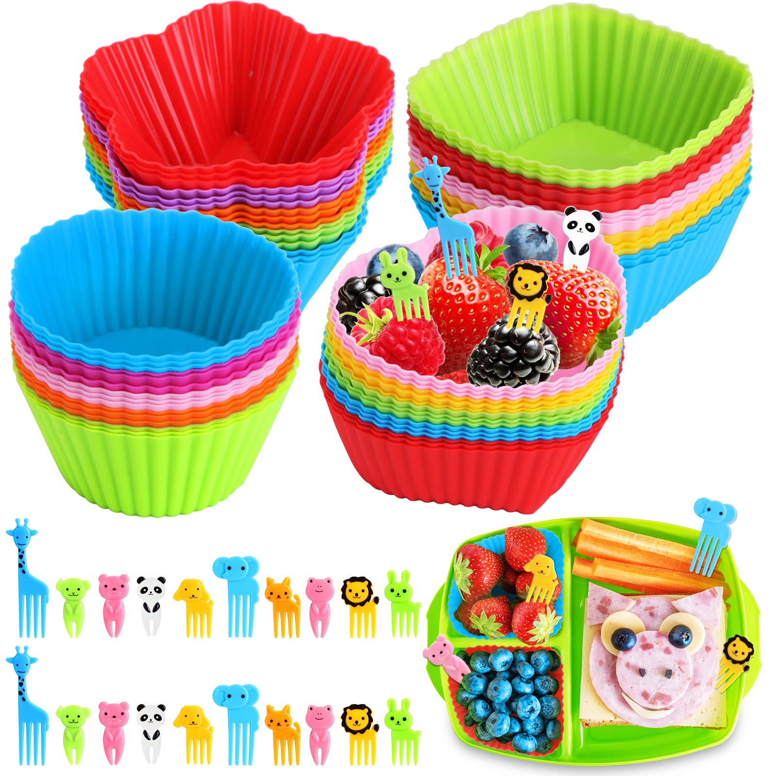 Piklodo 80Pcs Slicone Lunch Box Dividers, 60Pcs Silicone Dividers and 20Pcs Fruit Food Picks, Reusable Lunch Box Divider Inserts Multicolor Silicone Cupcake Liners Lunch Accessories