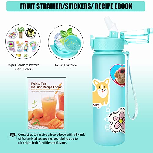 OLDLEY Kids Water Bottle for School, 17 oz (2 lids) BPA-Free Reusable Leak-proof Durable Tritan Plastic Water Bottles with Straw & Chug Lids, Anti-dust Spout Cover (Mint Green)