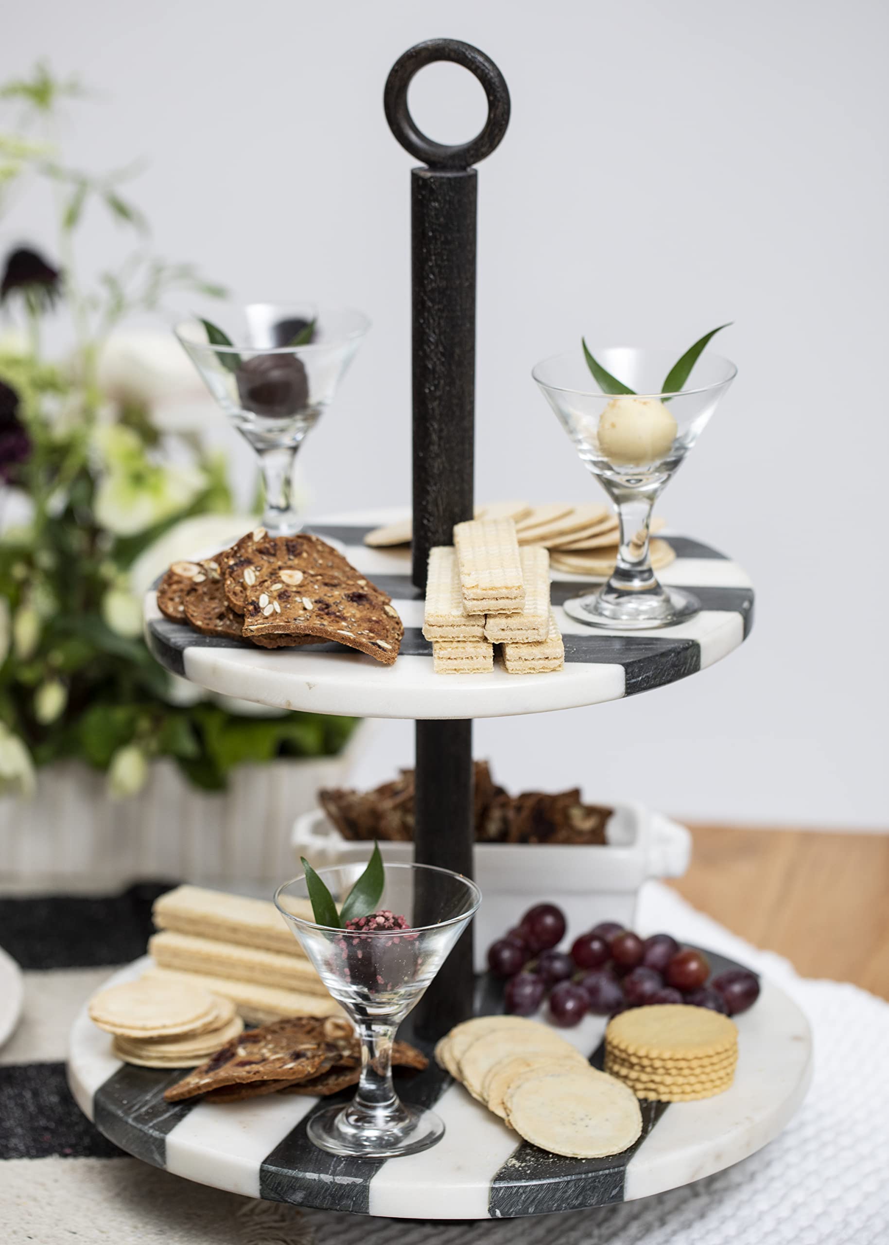 Mud Pie, White/Black, Marble Tiered Server, 16 1/4" x 12" dia