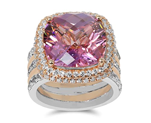 ORO LEONI Cushion Cocktail Two Tone Ring in 925 Sterling Silver, Rose Gold, White and Pink