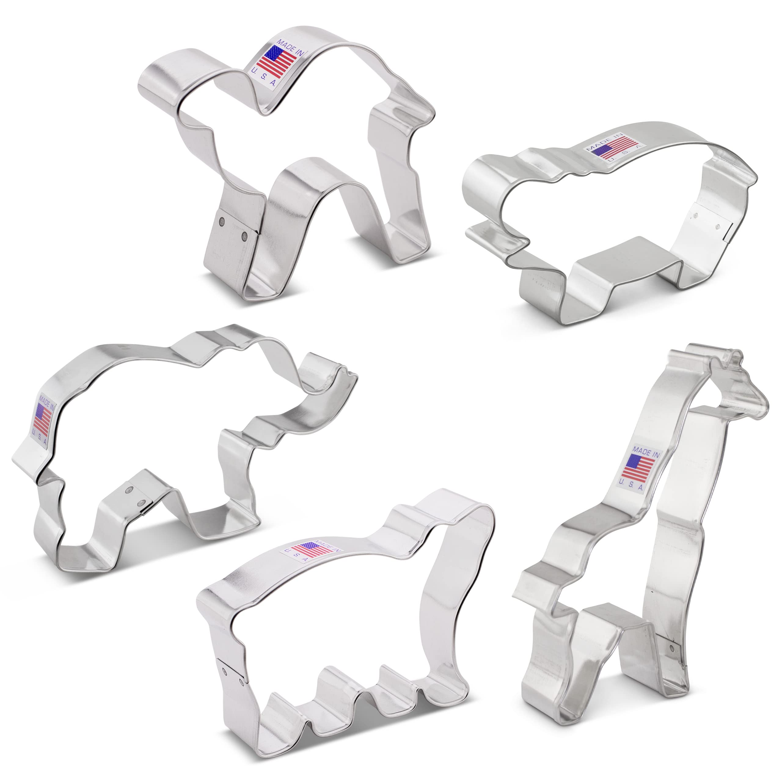 Safari Zoo Animals Cookie Cutters 5-Pc Set Made in USA by Ann Clark, Elephant, Giraffe, Hippo, Bear, Camel