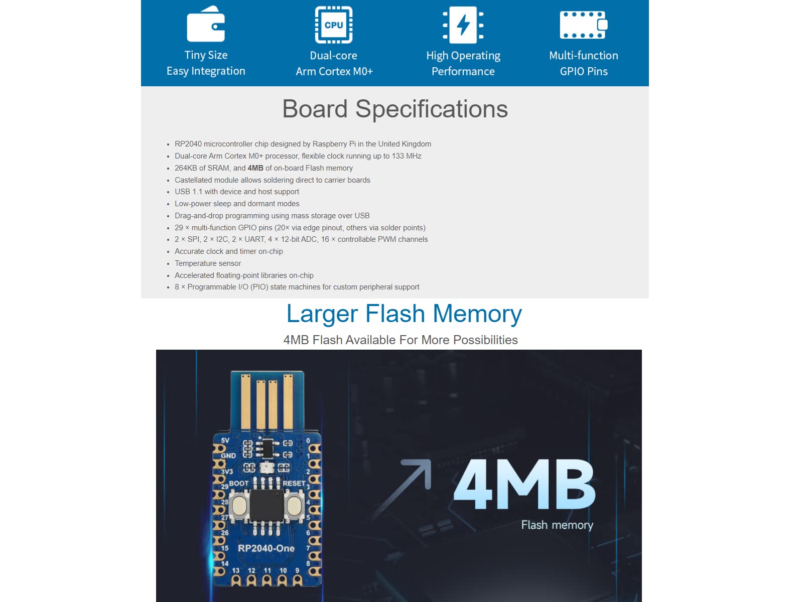 waveshare RP2040-One Microcontroller Development Board Type-A 4MB Flash Pico-Like MCU Board Based on Raspberry Pi RP2040,PCB USB-A Port,Support C/C++,MicroPython
