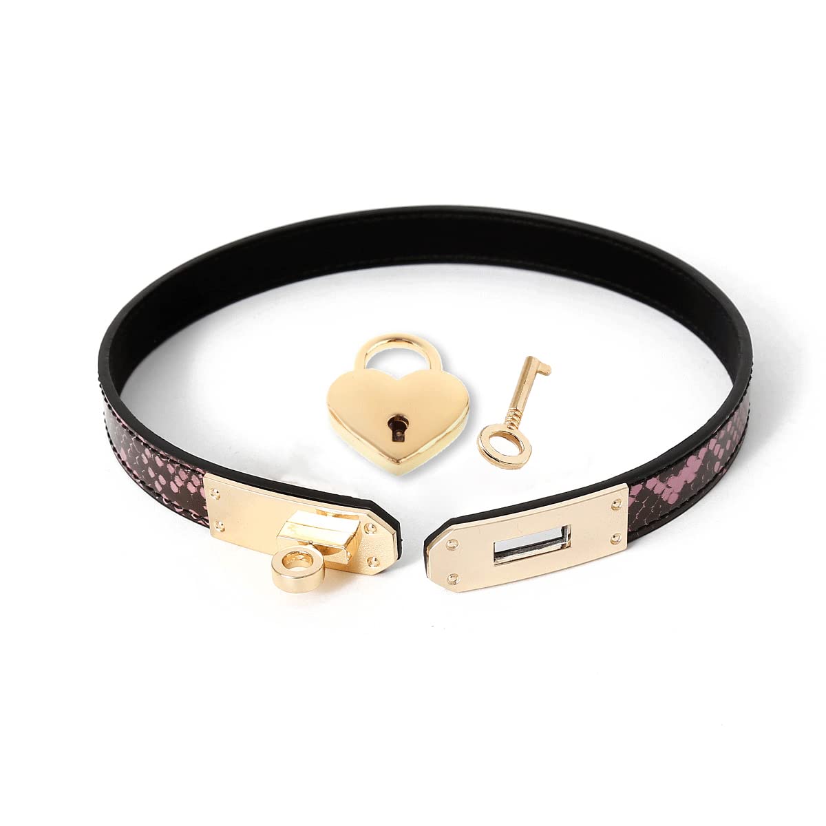 OsFTSbdt Pink Lockable Collar Snakeskin PU Choker Wrist Punk Rock Necklace for Unisex Multi Wrap Bracelet Bangle Adjustable (Small-15.7 inch, Heart Lock)
