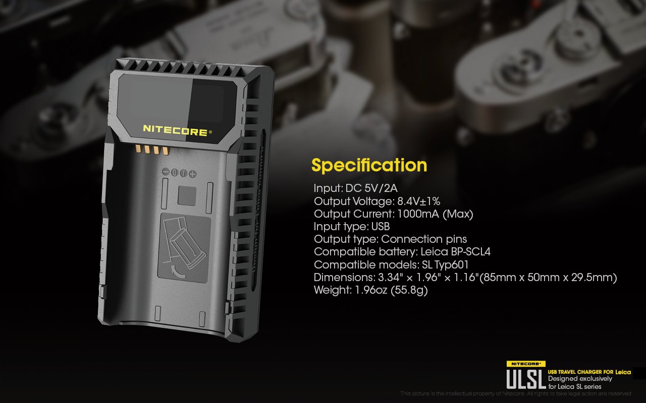 Nitecore ULSL USB Travel Charger for Leica BP-SCL4 Batteries - Compatible with Leica SL Typ 601 Series Camera, Sticker