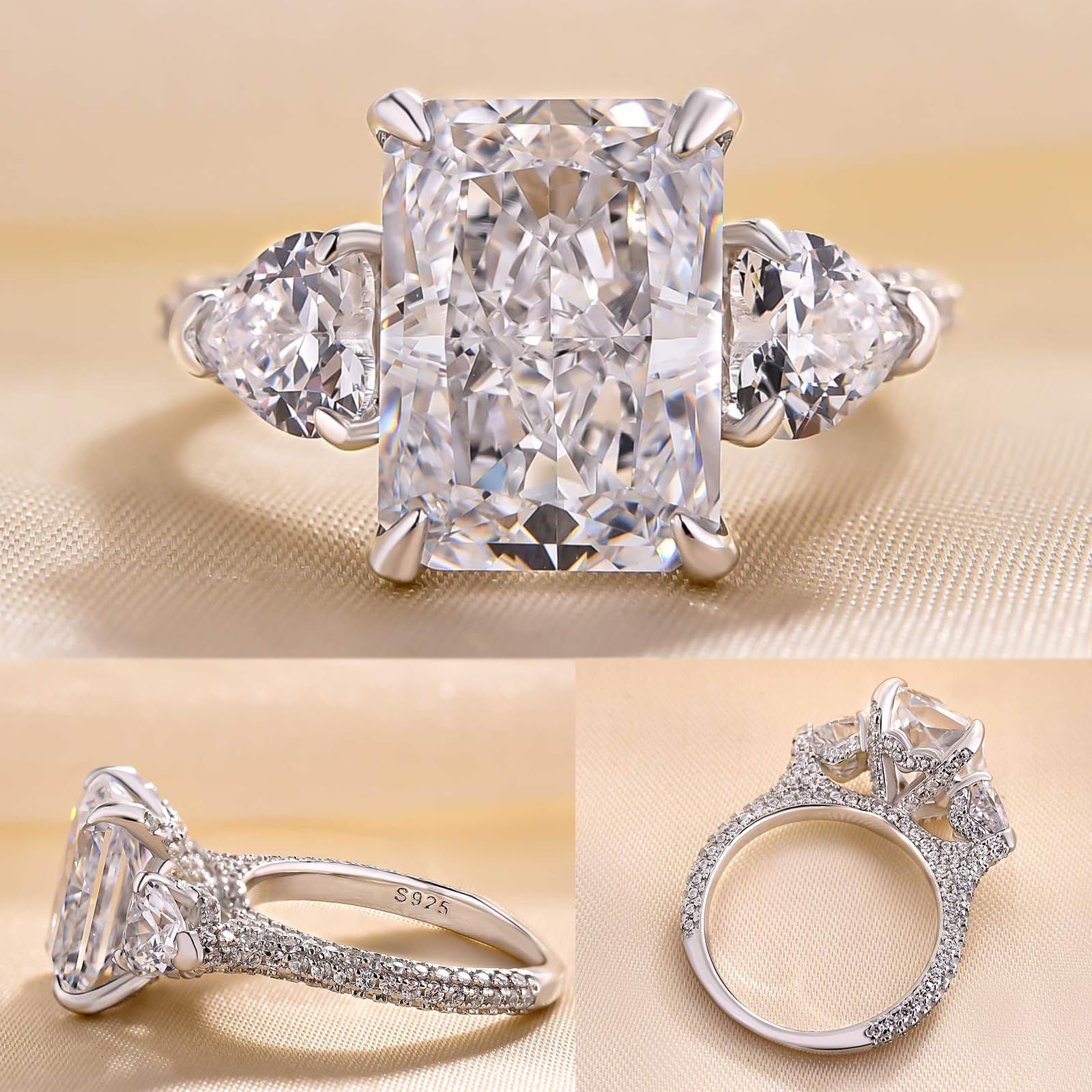 RODIFFY 4.5ct 3 Stone Radiant Cut & Heart Cut Engagement Ring for Women,18K White Gold Plated Silver Promise Ring (Size:7)
