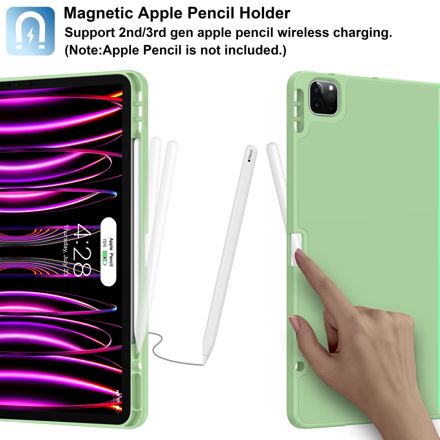 Supveco New iPad Pro 12.9 Inch Case 2022/2021 (6th/5th Gen) with Pencil Holder [Support iPad 2nd Gen Pencil Charging/Pair],Trifold Stand Smart Case with Soft TPU Back,Auto Wake/Sleep-(Green)