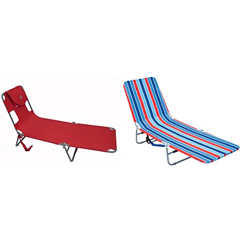 Ostrich Chaise Lounge Beach Chair for Adults with Face Hole (Red) and Rio Beach Portable Folding Backpack Beach Lounge Chair with Backpack Straps and Storage Pouch (Blue and Red)