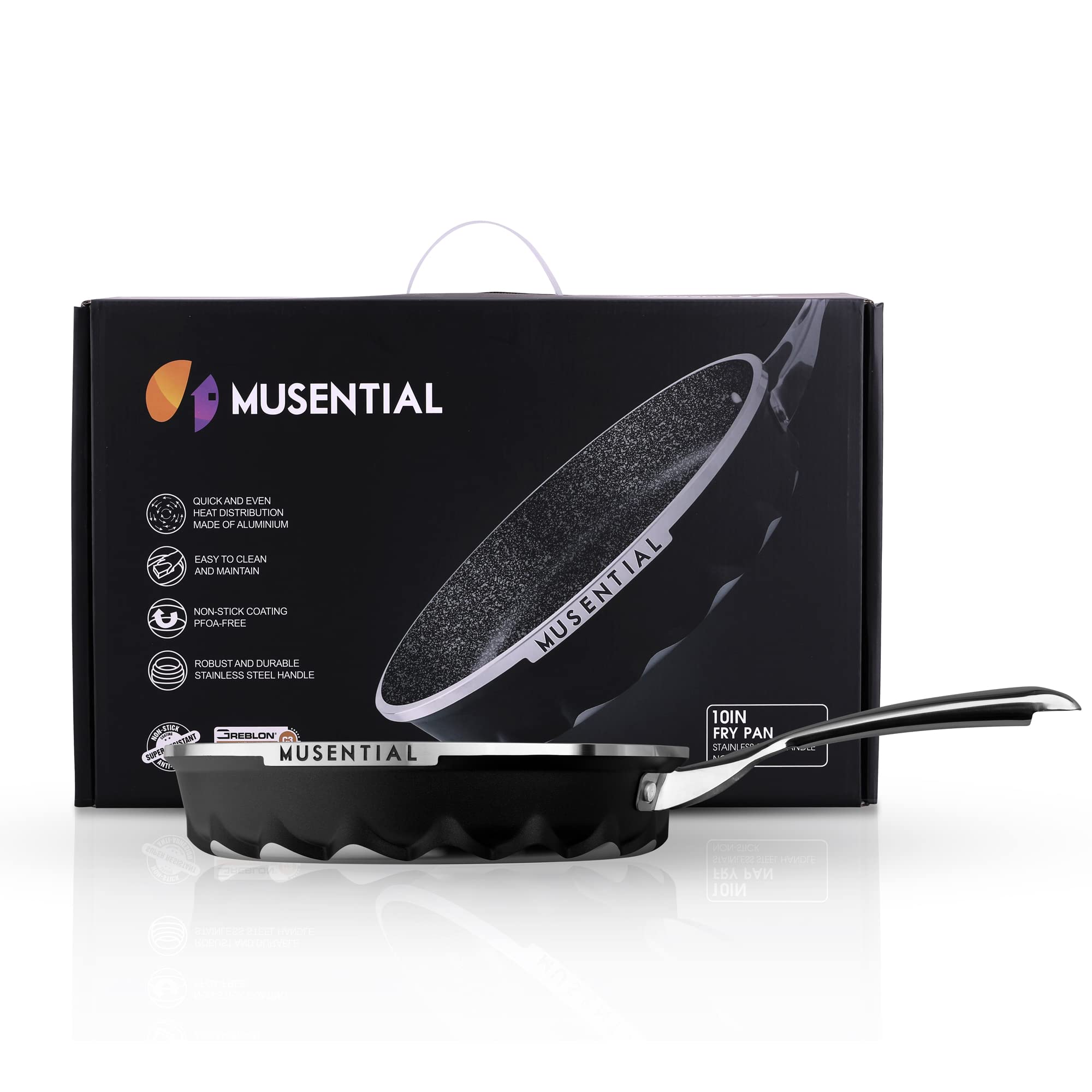 MUSENTIAL 10" Inch Aluminum Non-stick Frying Pan Skillet with Tempered Glass Lid, PFOA-Free Non-stick Granite Coating, Stainless Steel Handle, Dishwasher/Oven Safe (Black)