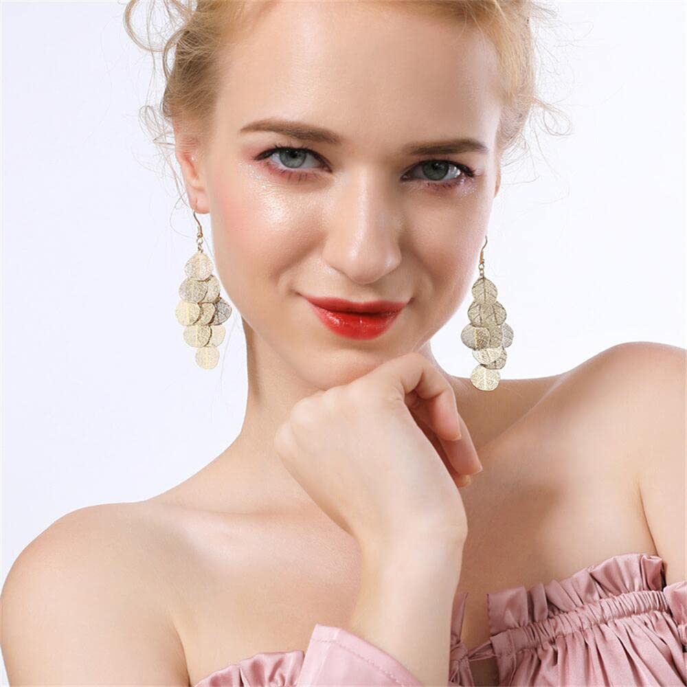 Rofeego 18k Gold Plated Layered Circle Leaf Chandelier Dangle Drop Earrings –Boho Lightweight Filigree Earring