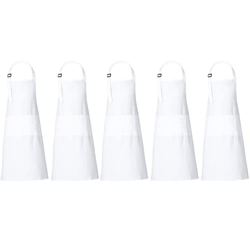 RAJRANG Chef Apron for Women Men with Pockets Cotton Kitchen Cooking Long Aprons White 35x27 Inches Pack of 5