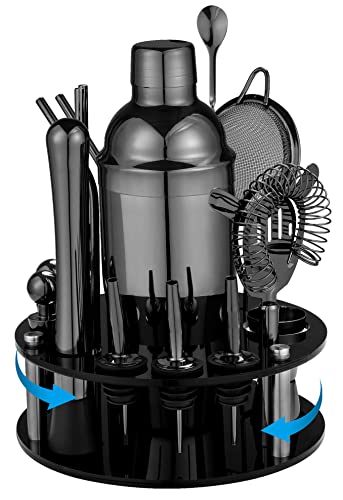 Oyydecor 18 Piece Cocktail Shaker Set with Rotating Stand, Gifts for Men Dad Grandpa, Stainless Steel Bartender Kit Bar Tools Set, Home, Bars, Parties and Traveling (Gun-Metal Black)
