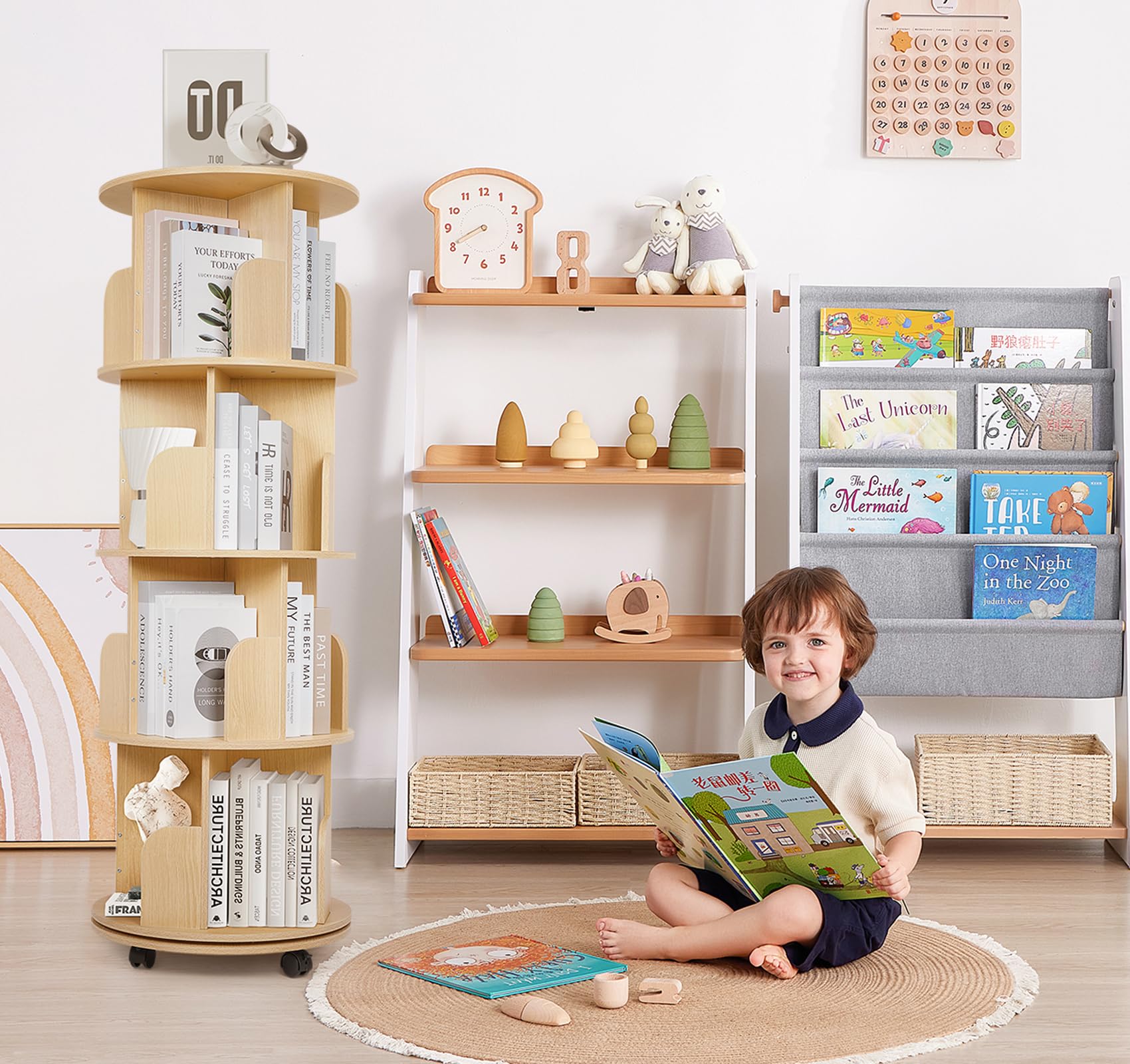 tonchean 4 Tier Rotating Bookshelf Tower,Wood Revolving Bookcase with Wheels Vertical Kids Toddler Bookshelf with Storage,Corner Display Bookshelf Rack for Library Study Office Living Room