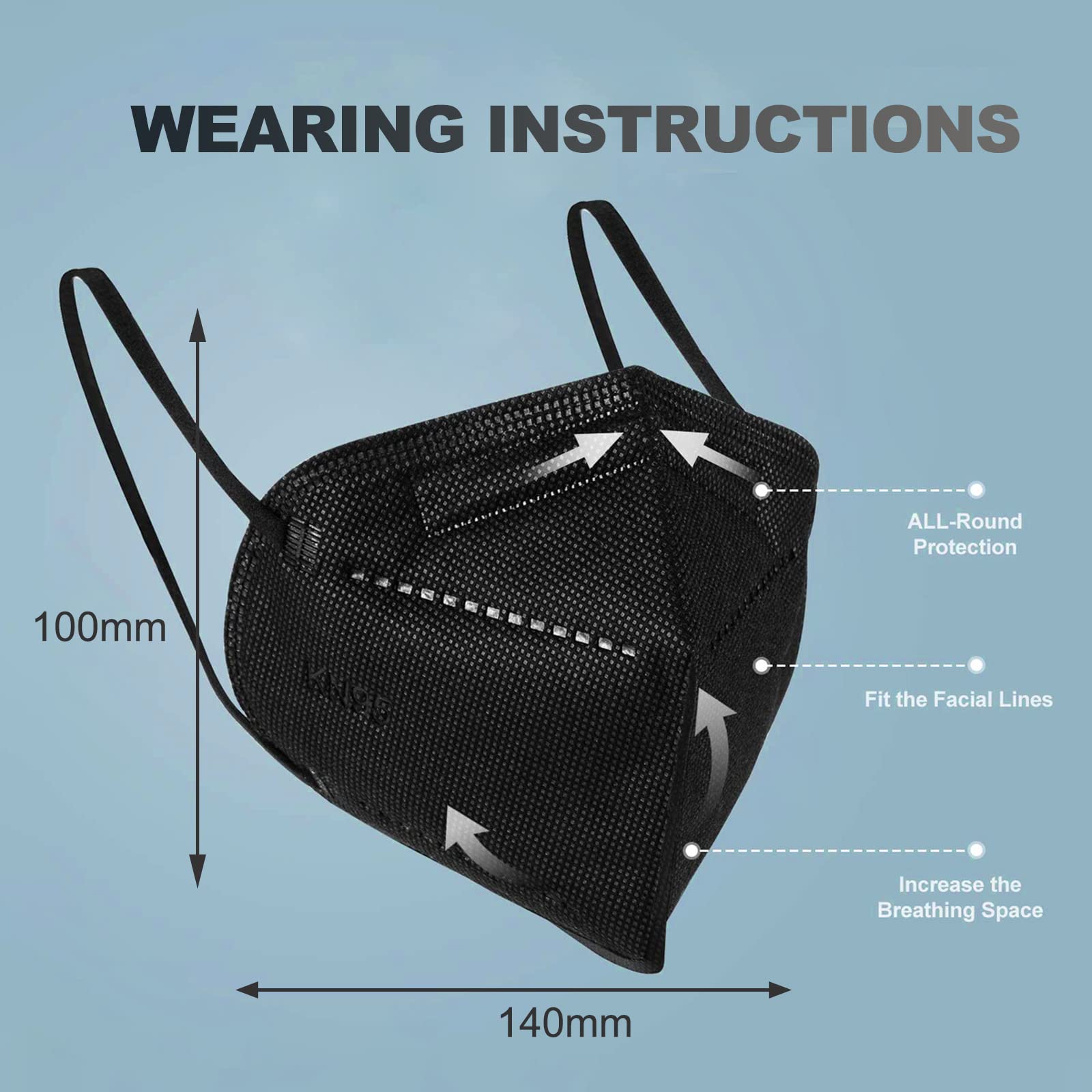 MOORAY 60 Pack Kids KN95 Mask,5-Layers Black Disposable Face Masks for Kids with Adjustable Ear Loop Black Masks Respirator Protection for Children(Black)