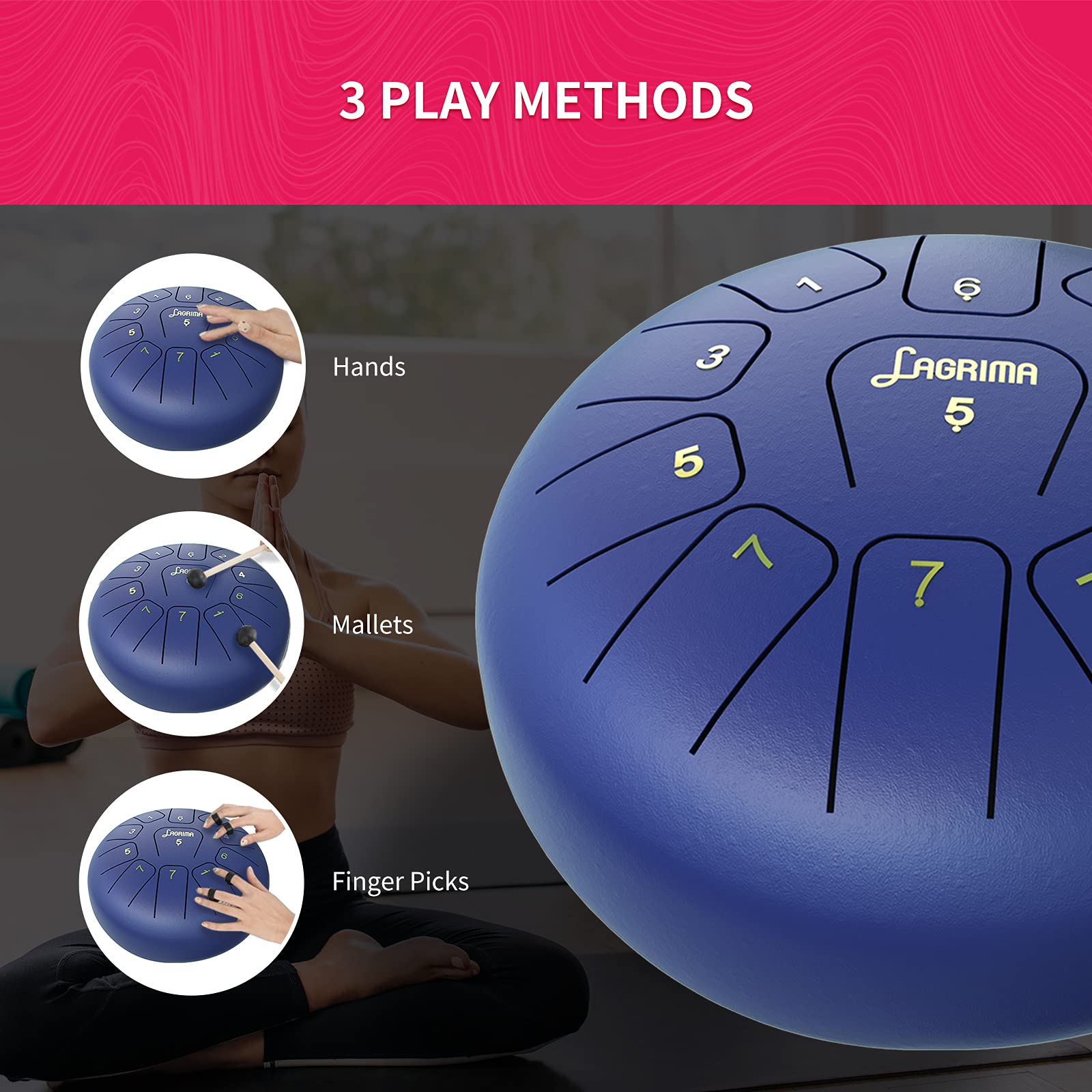 LAGRIMA Steel Tongue Drum, 11 Notes 10 Inches Percussion Instrument with Drum Mallets Note Stickers Finger Picks Mallet Bracket and Gig Bag, Dark Blue