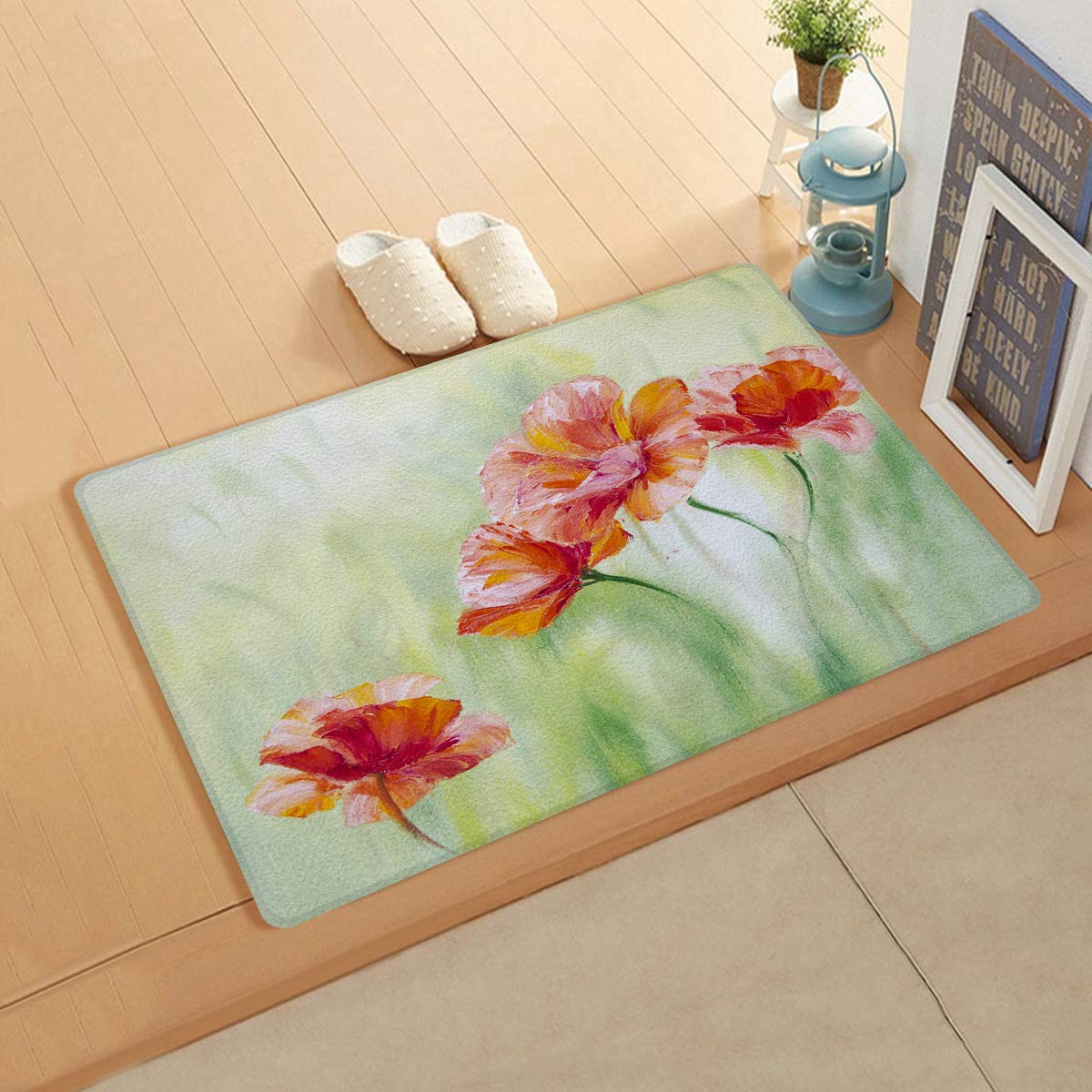 Oil Painting Blooming Poppy Flowers Antifatigue Kitchen Bath Door Mat Cushioned Runner Rug, Washable Welcome Floor Sink Mat, Waterproof & Non-Slip Comfort Standing Doormat for Kitchen, 18"x30"
