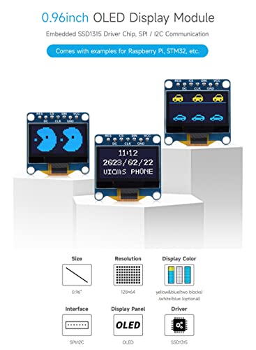 waveshare 0.96inch OLED Display Module, 128×64 Resolution, SPI / I2C Communication, White Version