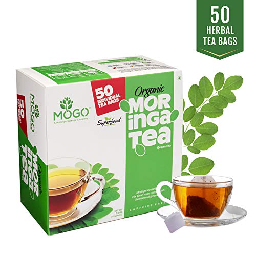 MOGO Organic Moringa Tea Bags - 50 Count,100% Pure,Caffeine Free,Rich Aroma and Taste, Premium Grade Moringa Tea Leaves, Antioxidants Rich Herbal Tea(Packaging Vary)