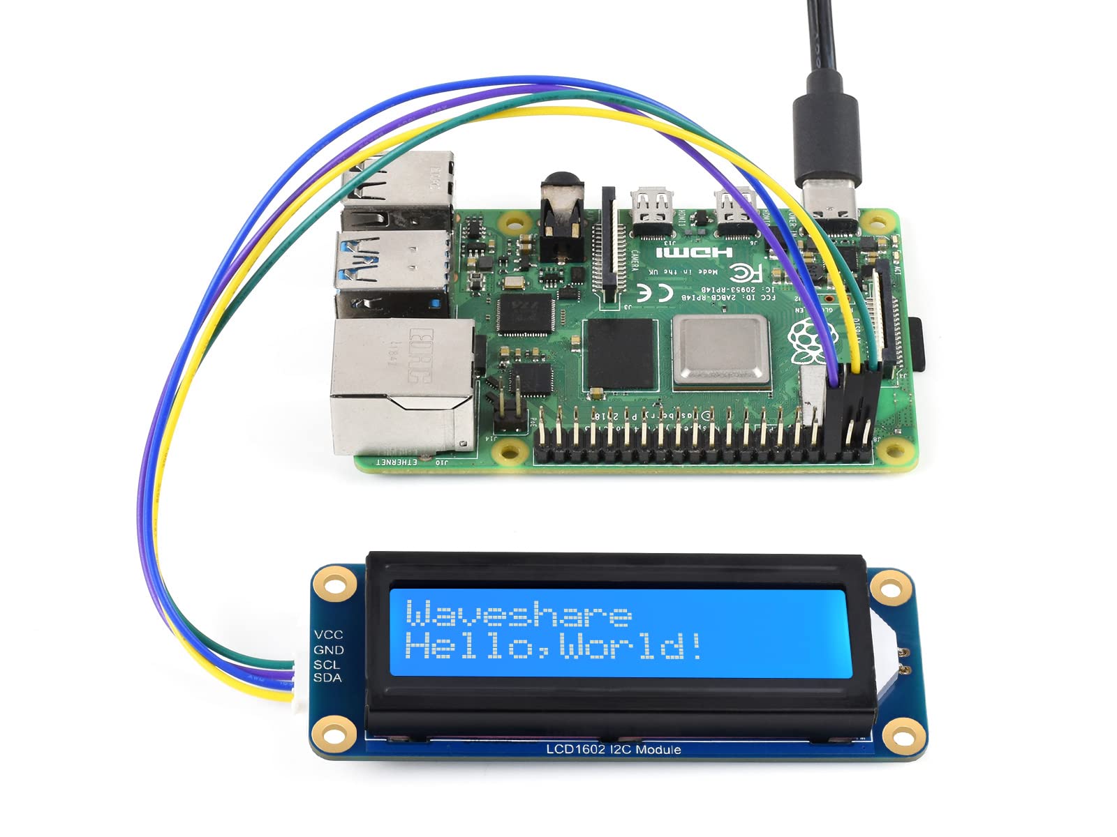 Waveshare 1602 LCD I2C Display Module, White Color with Blue Background 16x2 Characters LCD für Raspberry Pi/Raspberry Pi Pico/Jetson Nano/ESP32/Arduino, 3.3V/5V Compatible
