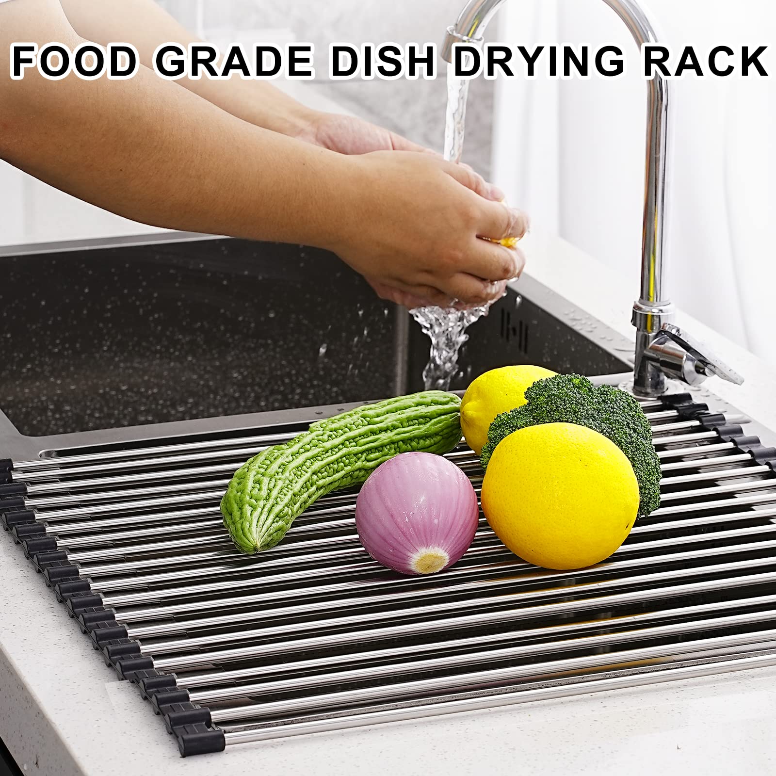NileHome Roll Up Dish Drying Rack, Sink Drying Rack Over Sink Dish Drying Rack 304 Stainless Steel Foldable Drain Rack for Kitchen Sink Counter Utensils Vegetables and Fruits (17.5''X16.5''),Black