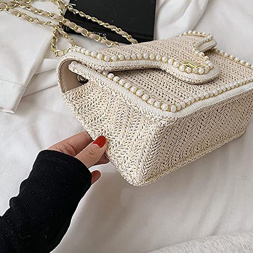 Purses and Handbags Solid Color Sturdy and Durable Lady's Straw Woven Bag Summer Hand-woven Straw Shoulder Bag (Color : White, Size : Small)