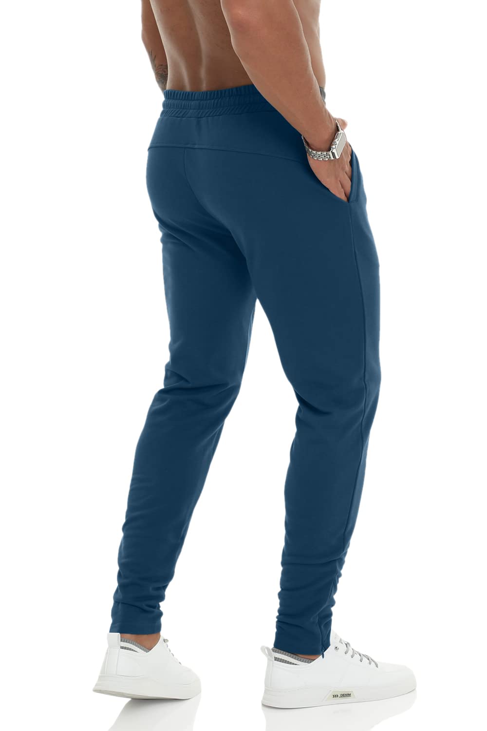 Ouber Men's Athletic Gym Workout Pants Running Tapered Joggers Sweatpants with Zipper Bottom Blue,S