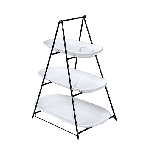 UNICASA 3 Tier Serving Tray - White Oval Serving Plate Dishes, Party Trays and Platters with Metal Rack for Cake, Snack, Fruit - Chips and Dips Serving Set