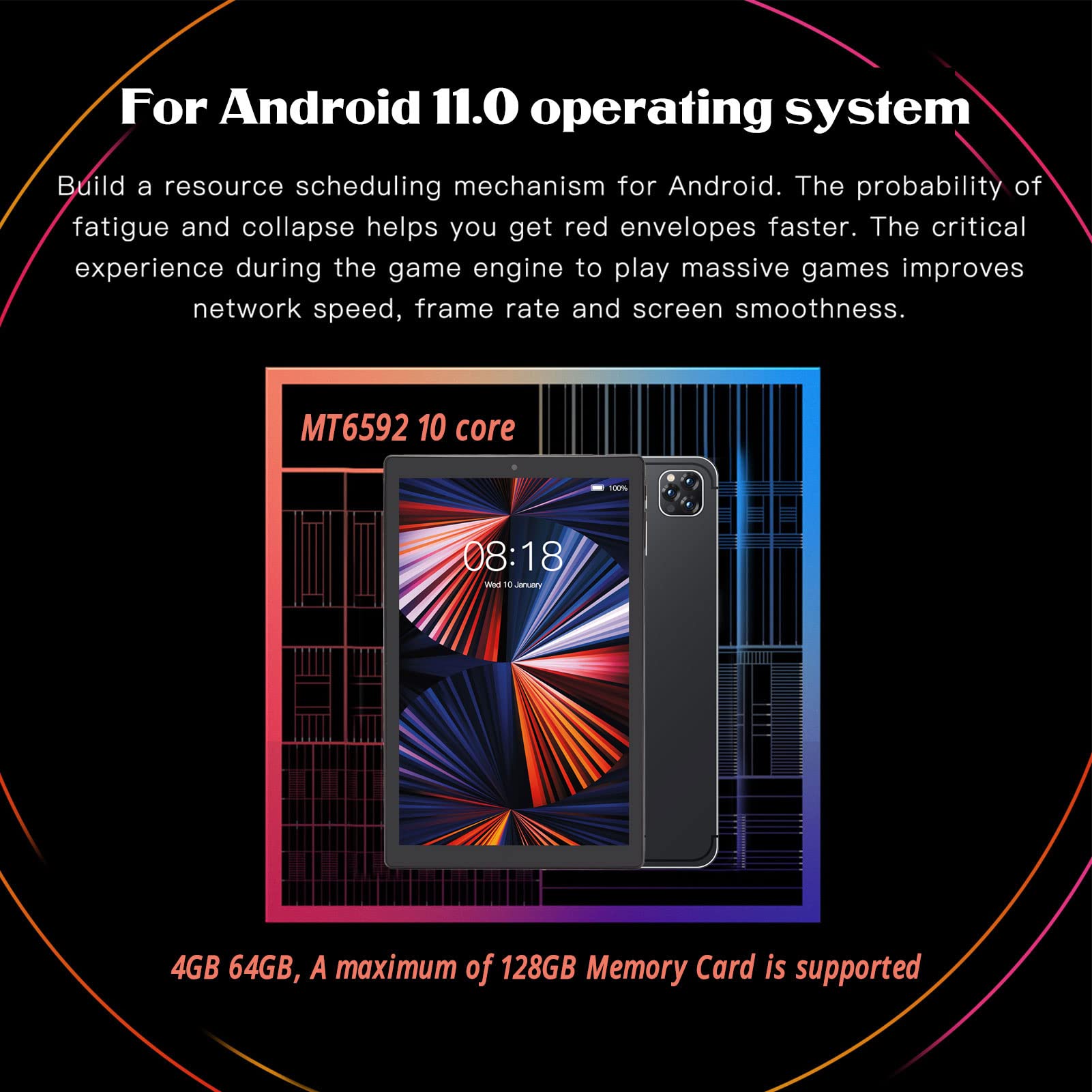 PUSOKEI 10.1in Tablet for Android 11.0,1080P IPS HD Tablet,2.4G 5G Dual Band WiFi,4GB 64GB Storage,MT6592 10 Cores CPU,Bluetooth 5.0,Front 800w Rear 1300w Calling Tablet(Black)