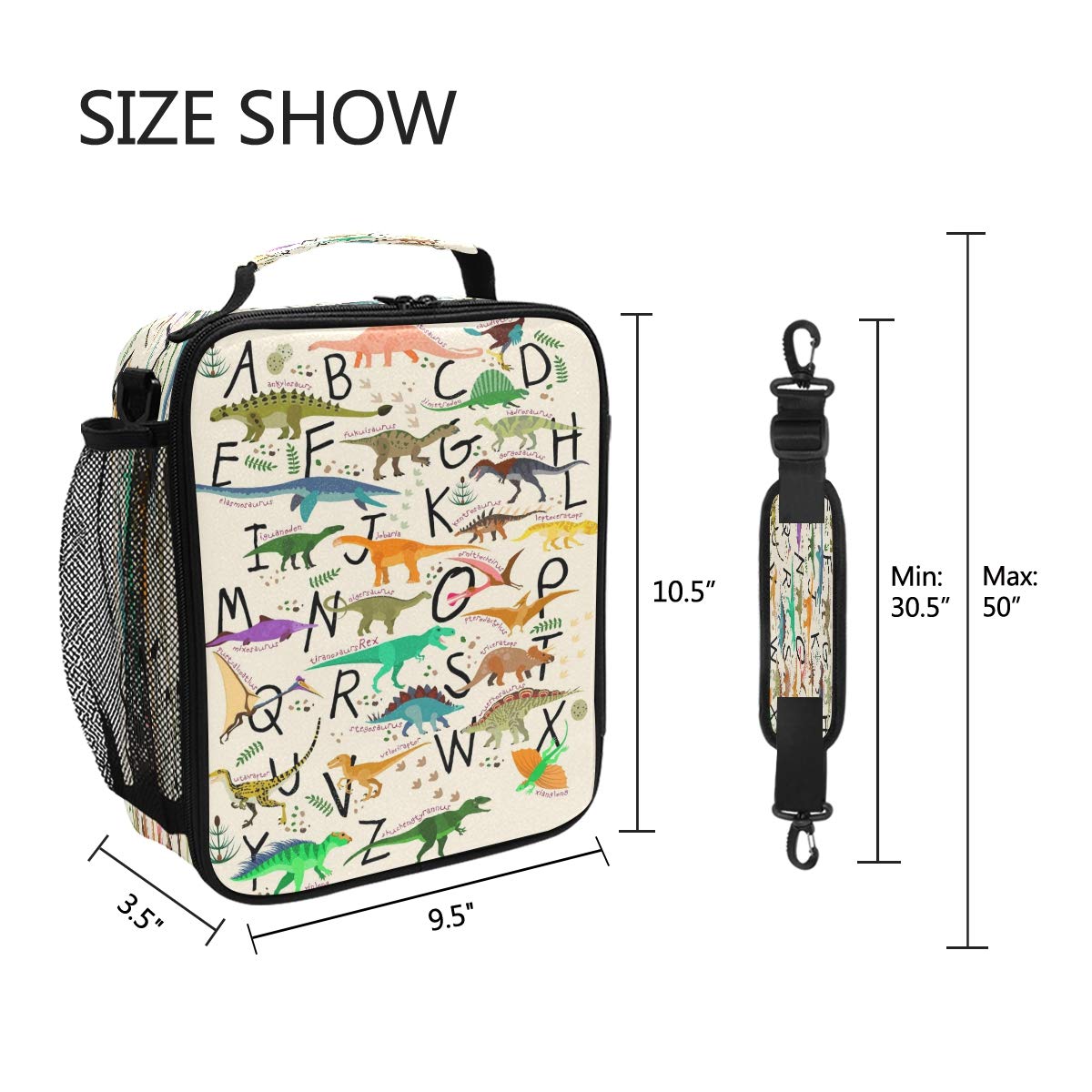 Pfrewn Dinosaur Lunch Box Alphabets With Dinosaurs Lunch Bag Insulated Reusable Cooler Meal Prep Bags Dino Animals Lunch Tote with Shoulder Strap for School Kids Boys Teens Office Adults
