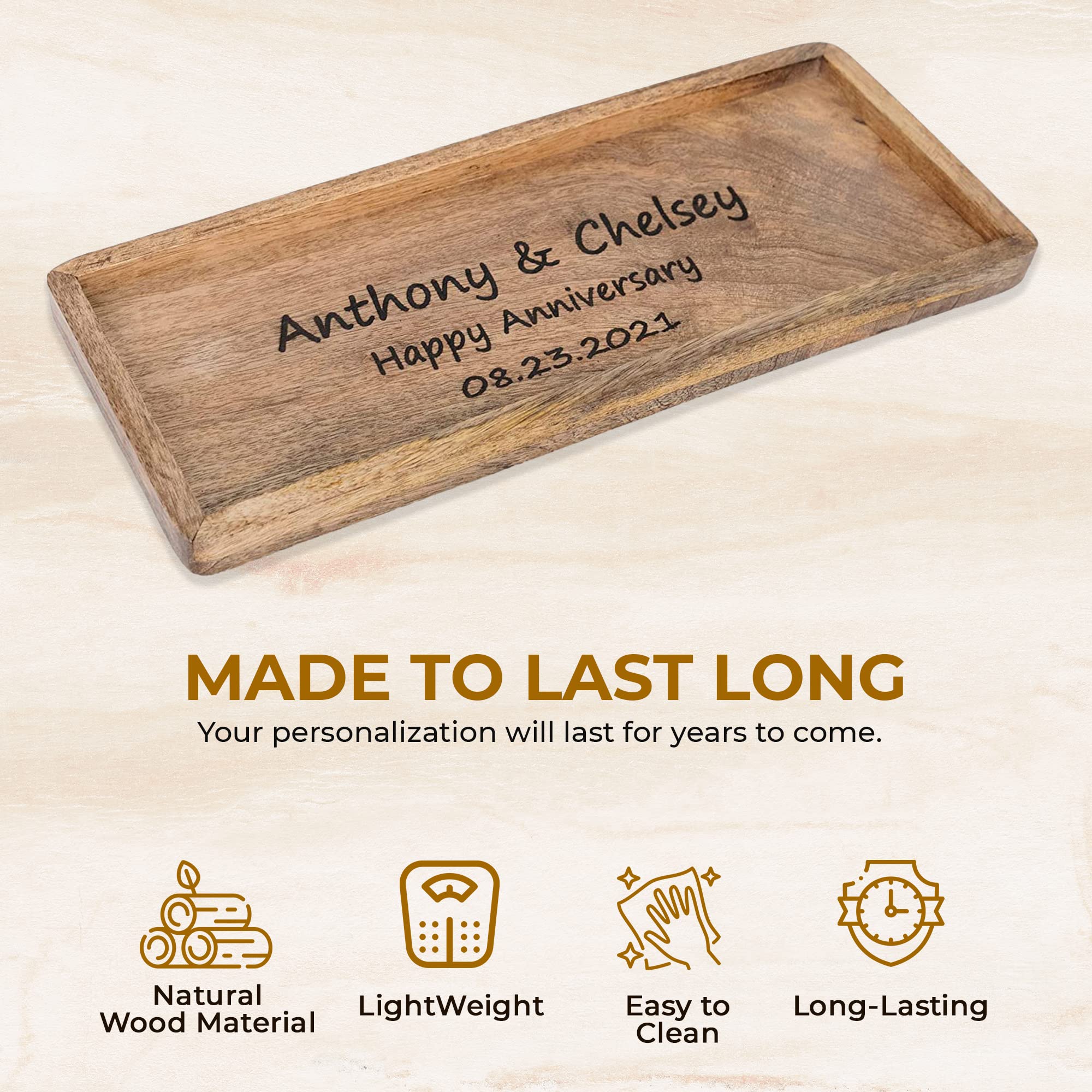 Personalized Wooden Serving Platters - Custom Wood Serving Tray with Raised Edges - Decorative Rectangular Wooden Trays for Food, Fruits, Snacks, Appetizers, and Home Parties - 12" X 5" X 0.75"