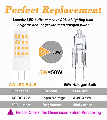 Lamsky GY6.35 G6.35 LED Light Bulb 5W,G6.35/GY6.35 Bi-pin Base,AC/DC 12V Warm White 3000K Non-dimmable,GY6.35 Base T4 JC Type 50W Halogen Replacement(4-Pack)