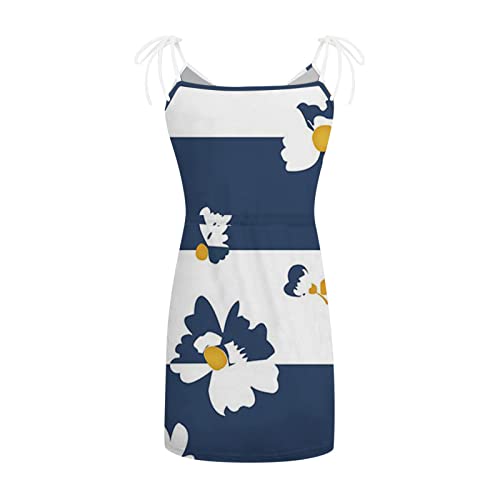 Pockets Women Summer Sexy Dress V Neck Striped Drawstring Sets Swing Sling Strap Sleeveless Side Slit Clubwear Blue