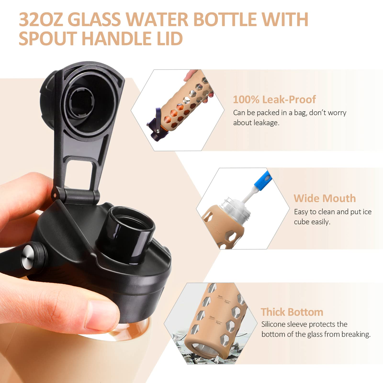 MUKOKO 32oz Glass Water Bottles with 2 Lids-Handle Spout Lid&Bamboo Straw Lid, Motivational Water Tumbler with Time Marker Reminder and Silicone Sleeve, Leakproof-Amber-1 Pack