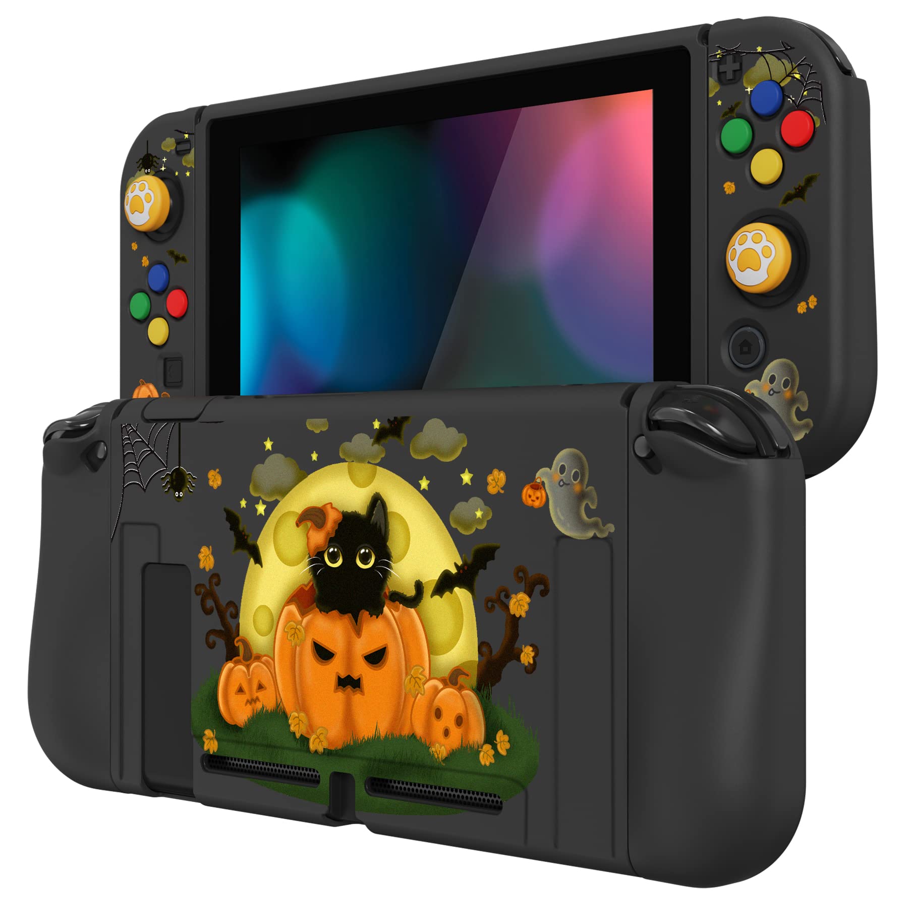PlayVital ZealProtect Soft Protective Case for Nintendo Switch, Flexible Cover Protector for Switch with Screen Protector & Thumb Grip Caps & ABXY Direction Button Caps - Moon Night Halloween