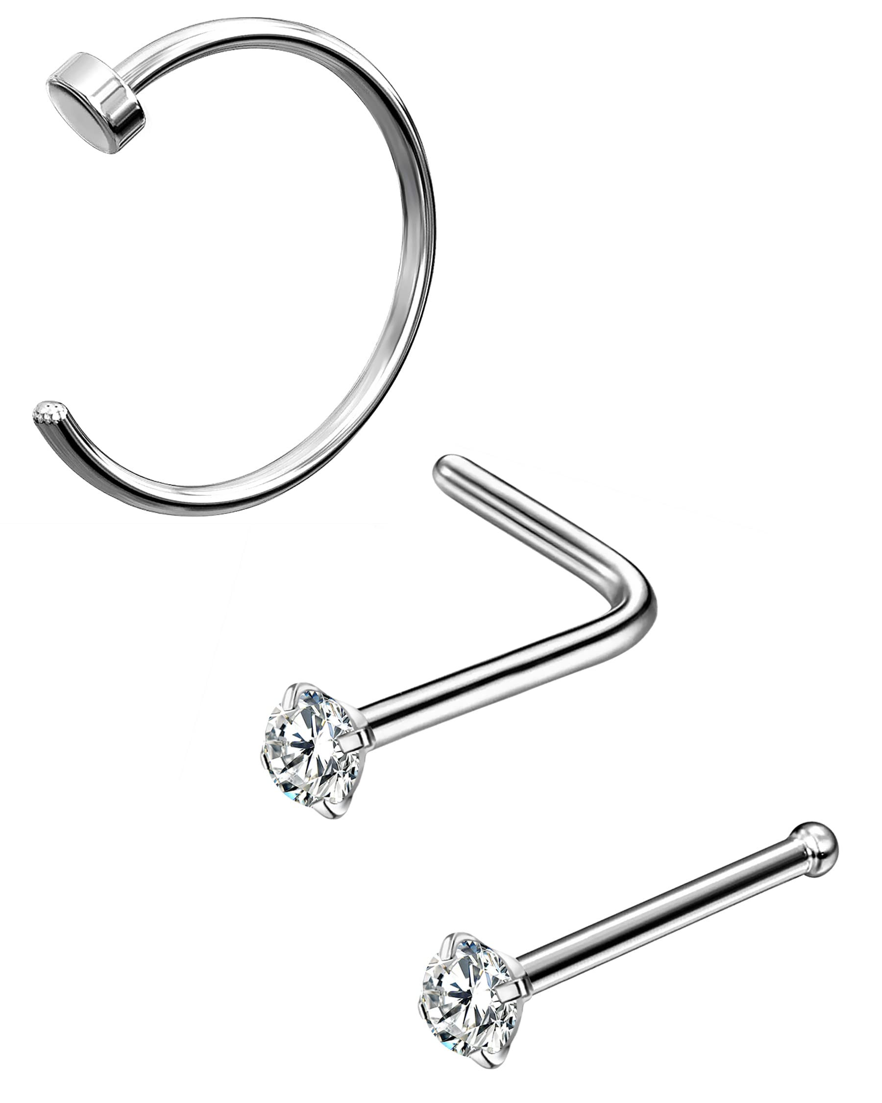 OUFER 20g Nose Ring Hoop, 3PCS Grade 23 Solid Titanium Nose Rings, Clear CZ Nose Stud, L Shaped Nose Piercing Jewelry