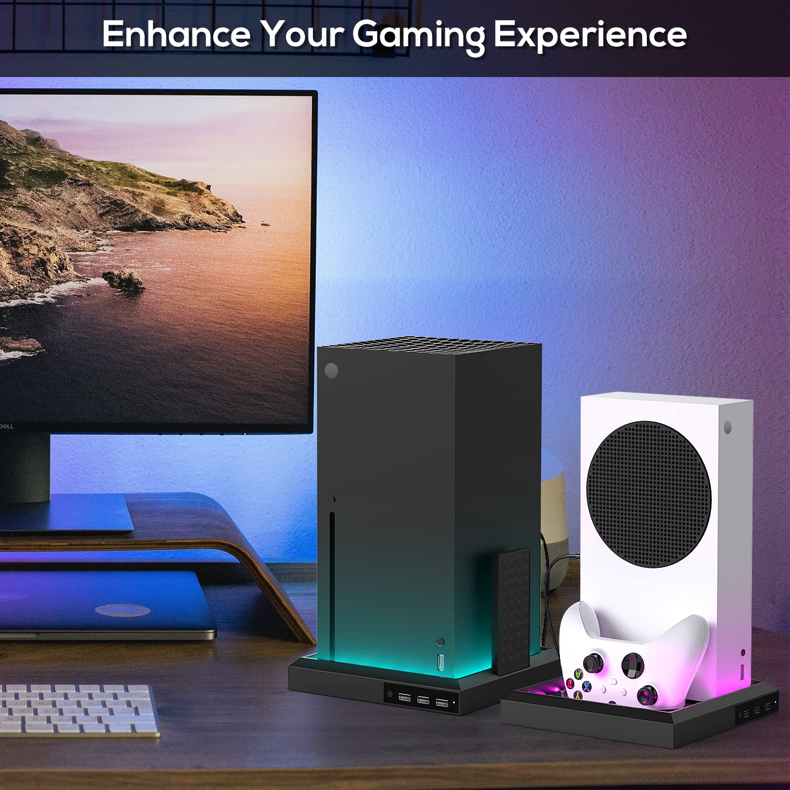 RGB LED Light Stand for Xbox Series X with 3 Extra USB Port, YUANHOT 7 Colors 10 Effects Vertical LED Stand Compatible with Xbox Series X/S Console