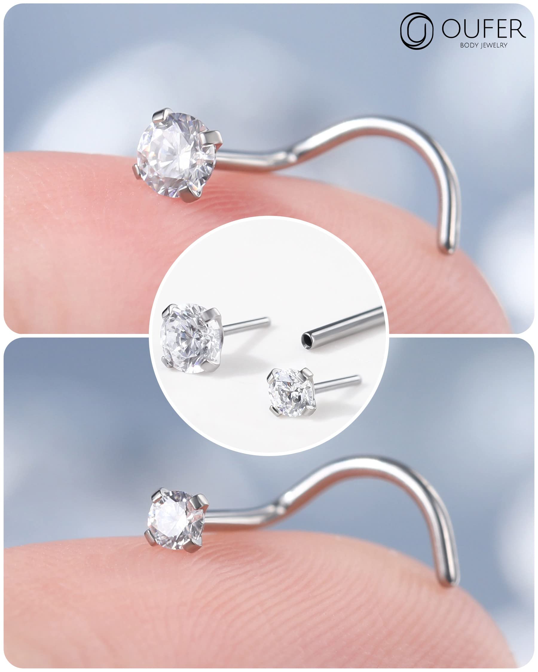 OUFER 20G Nose Screw Studs, G23 Solid Titanium Nose Studs, Round Clear CZ Paved Push-in Nose Rings, Nostril Piercing Jewelry for Women and Men-CZ 3MM