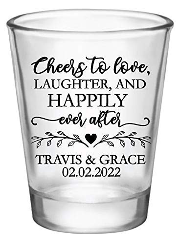 Personalized wedding shot glasses, cheers to love laughter and happily ever after, wedding favors for guests in bulk, wedding shot glasses bulk, personalized wedding favors