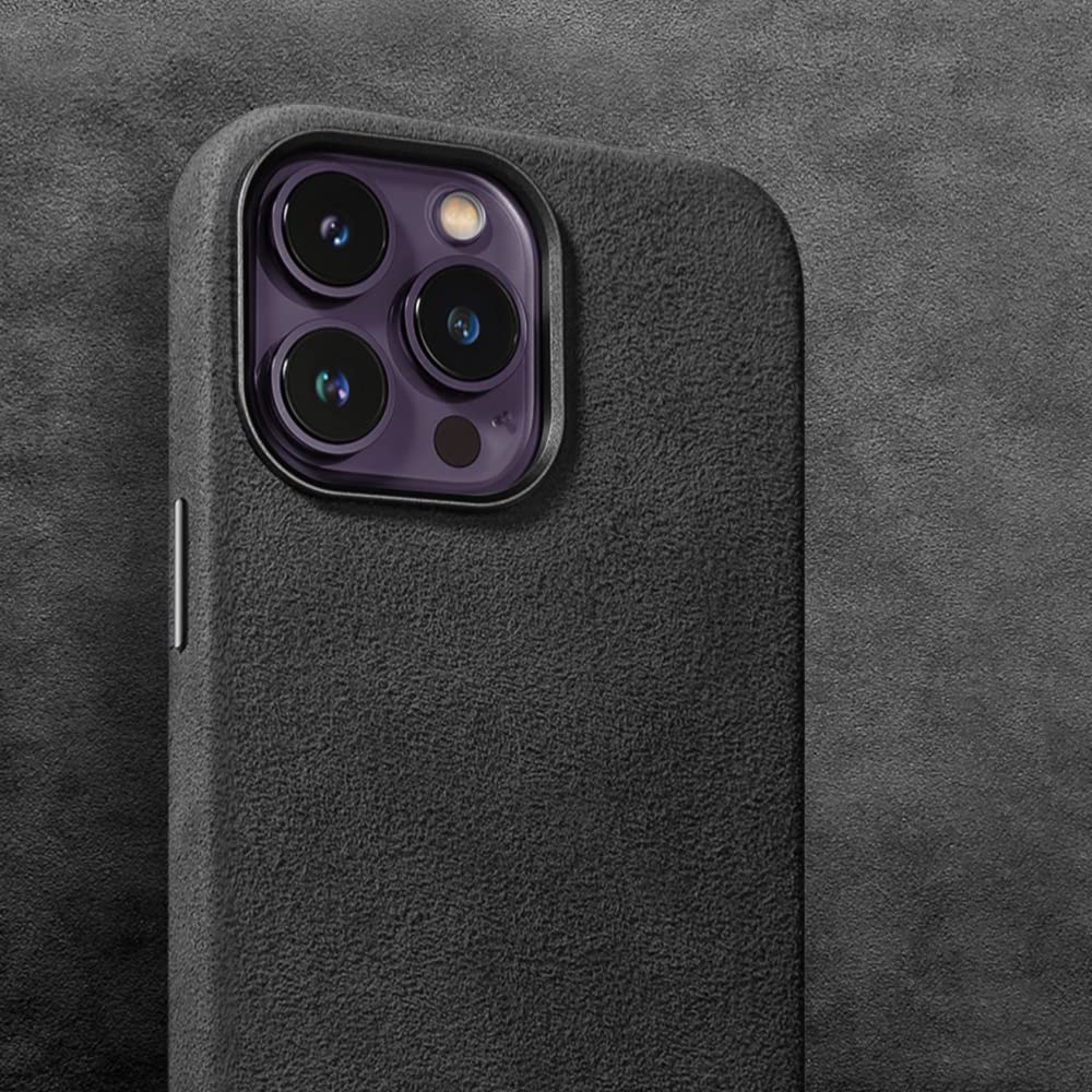 Komodoty Luxury Alcantara iPhone 14 Case. Premium Italian Imported Material. Fully Wrapped Four Side Protection. MagSafe Compatible. Black