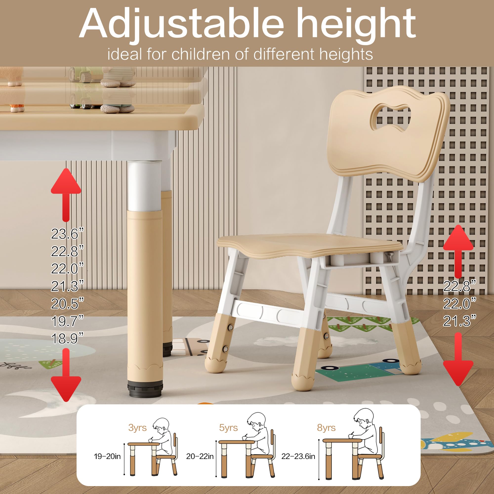 YAIWOMI Kids Table and Chairs Height Adjustable, Toddler Table and Chairs, 31.5''L x 23.6''W Graffiti Table with 4 Chairs, for Reading, Drawing, Eating, for Ages 3-8, Grey