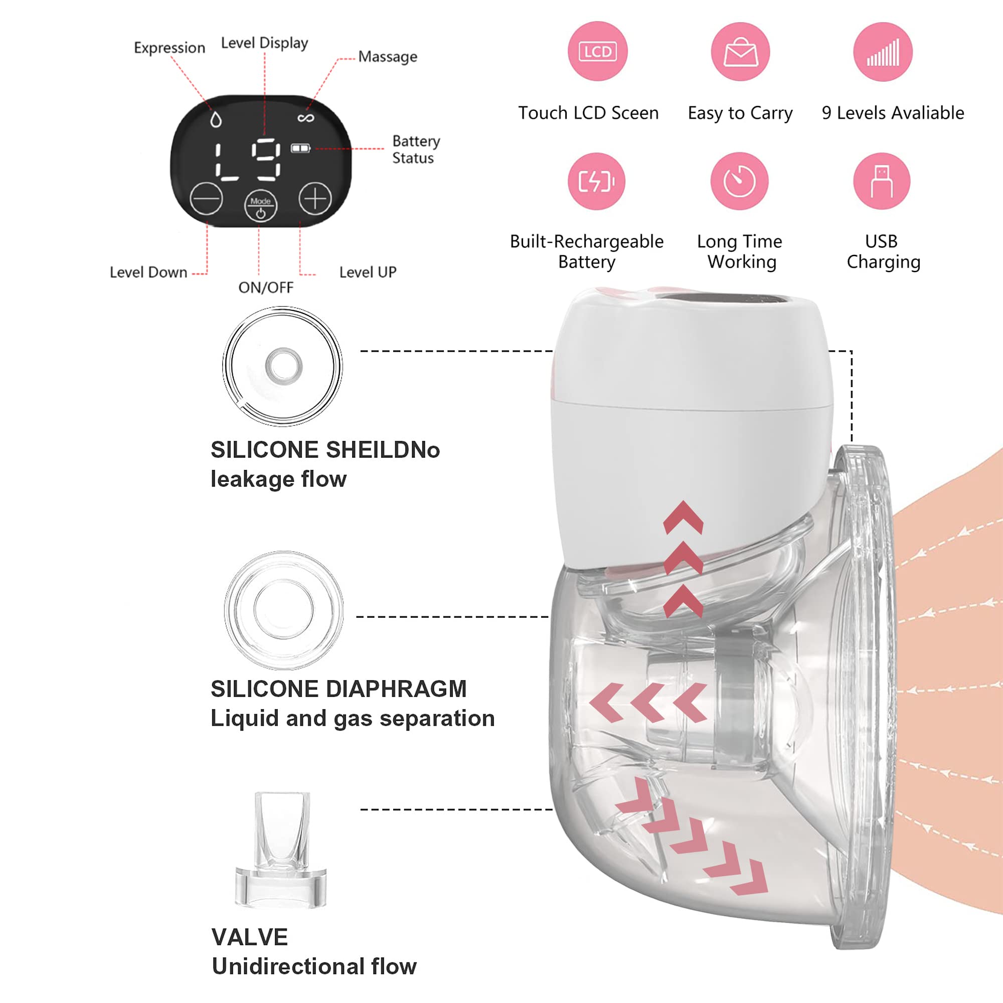 Wearable Breast Pump, Electric Hands Free Breast Pump with 3 Mode & 9 Levels, Low Noise Portable Breast Pump LCD Display, 19mm/21mm/24mm Flanges