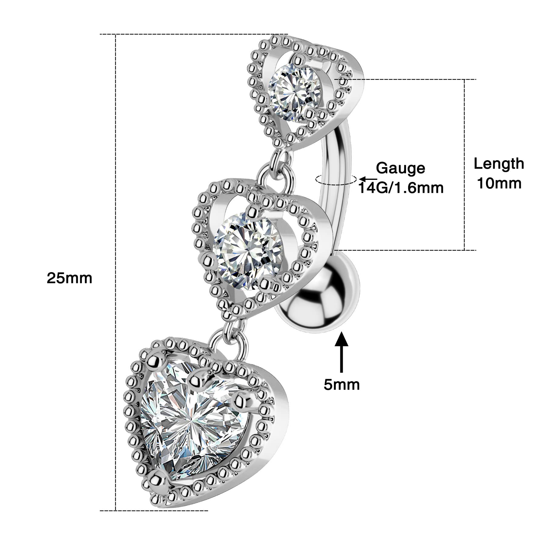 OUFER Dangle Belly Button Rings 316L Surgical Steel Heart Shaped Reverse Belly Rings Dangling Curved Ring Navel Piercing Jewelry