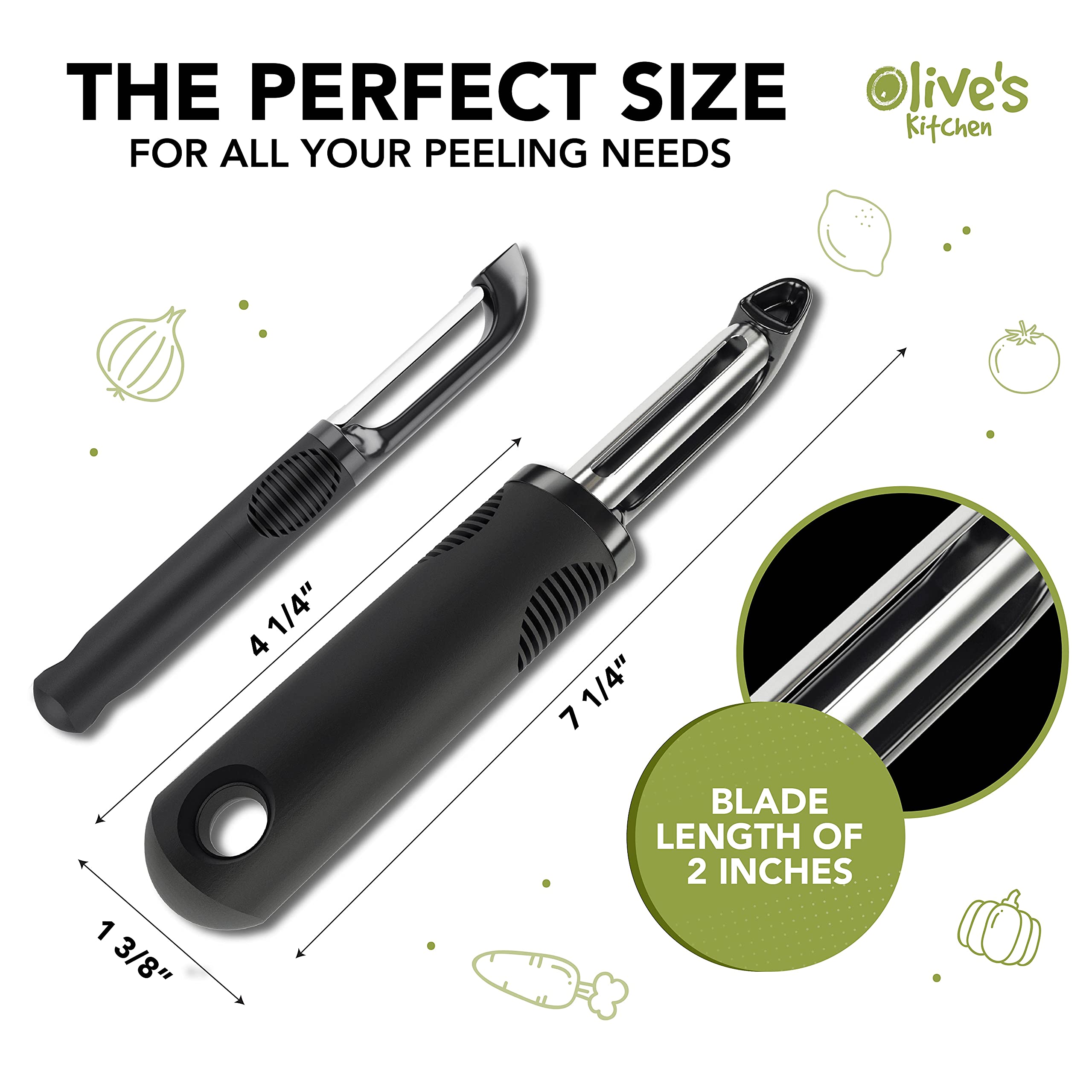 Olive's Kitchen Vegetable Peeler Set β Ergonomic Grip Peelers for Kitchen w/Razor-Sharp Swivel Blades - Stainless Steel Fruit Peeler for Potato, Apple, Carrot, Cucumber - Veggie Peeler (2 Pack)